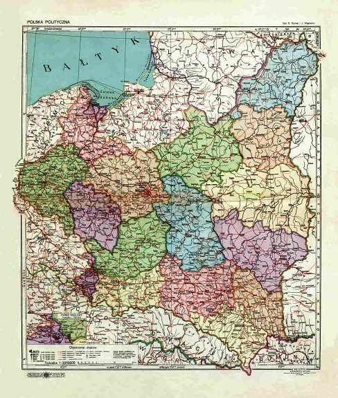 Plakat Mapa II RP POLSKA WARSZAWA z 1937 ROMER bez ramy 30,5 x 36 cm ...