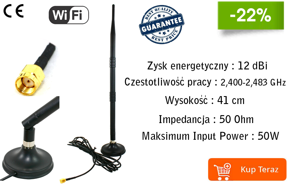 ANTENA WiFi 41CM 12dBI RP-TNC + PODSTAWKA RP-SMA - 6974260202 ... ANTENA WiFi 41CM 12dBI RP-TNC + PODSTAWKA RP-SMA - 6974260202 ...